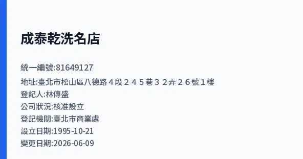 成泰乾洗名店的照片-統編 81649127(臺北市) 公司登記資料與營業項目詳細圖表