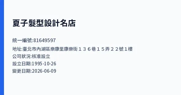 夏子髮型設計名店的照片-統編 81649597(臺北市) 公司登記資料與營業項目詳細圖表