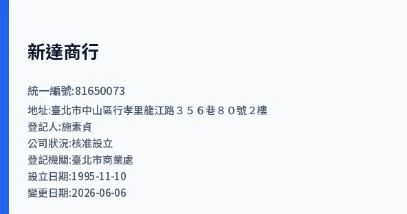 新達商行的照片-統編 81650073(臺北市) 公司登記資料與營業項目詳細圖表