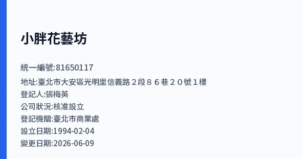 小胖花藝坊的照片-統編 81650117(臺北市) 公司登記資料與營業項目詳細圖表