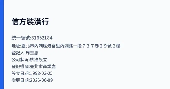 信方裝潢行的照片-統編 81652184(臺北市) 公司登記資料與營業項目詳細圖表