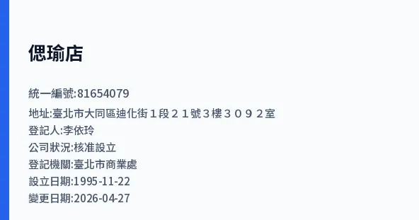 偲瑜店的照片-統編 81654079(臺北市) 公司登記資料與營業項目詳細圖表