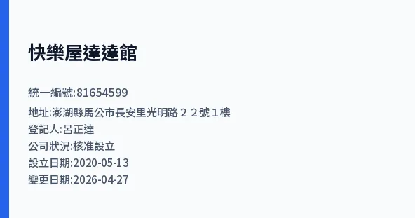 快樂屋達達館的照片-統編 81654599(澎湖縣) 公司登記資料與營業項目詳細圖表