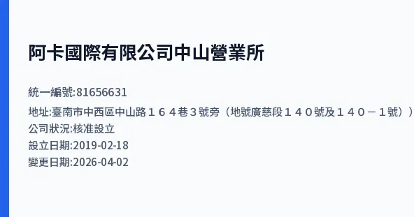 阿卡國際有限公司中山營業所的照片-統編 81656631(臺南市) 公司登記資料與營業項目詳細圖表