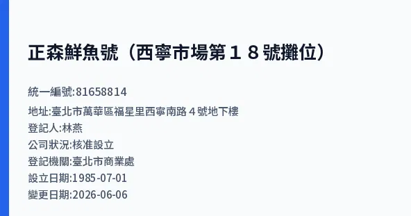 正森鮮魚號(西寧市場第18號攤位)的照片-統編 81658814(臺北市) 公司登記資料與營業項目詳細圖表