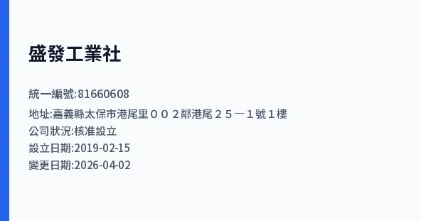 盛發工業社的照片-統編 81660608(嘉義縣) 公司登記資料與營業項目詳細圖表