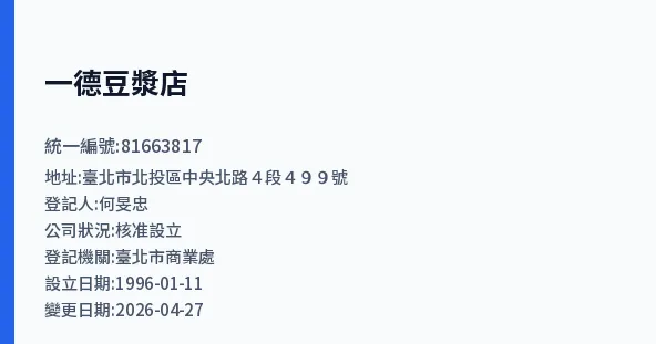 一德豆漿店的照片-統編 81663817(臺北市) 公司登記資料與營業項目詳細圖表