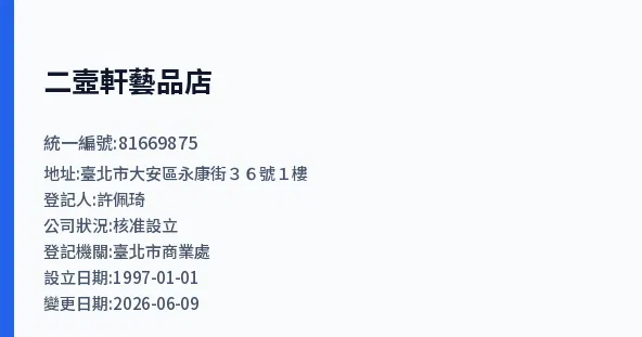 二壼軒藝品店的照片-統編 81669875(臺北市) 公司登記資料與營業項目詳細圖表
