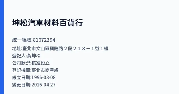 坤松汽車材料百貨行的照片-統編 81672294(臺北市) 公司登記資料與營業項目詳細圖表