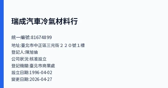 瑞成汽車冷氣材料行的照片-統編 81674899(臺北市) 公司登記資料與營業項目詳細圖表