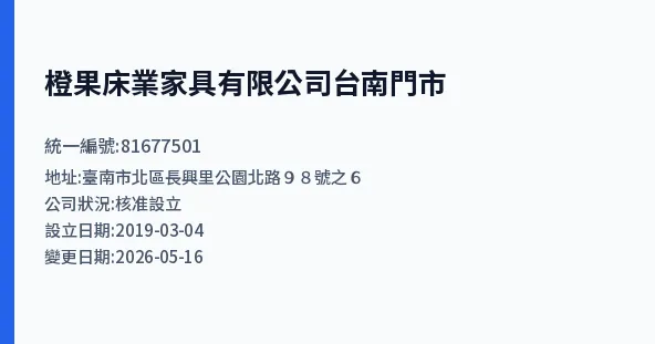 橙果床業家具有限公司台南門市的照片-統編 81677501(臺南市) 公司登記資料與營業項目詳細圖表