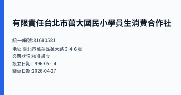 有限責任台北市萬大國民小學員生消費合作社的照片-統編 81680581(臺北市) 公司登記資料與營業項目詳細圖表