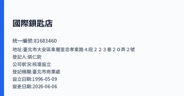 國際鎖匙店的照片-統編 81683460(臺北市) 公司登記資料與營業項目詳細圖表