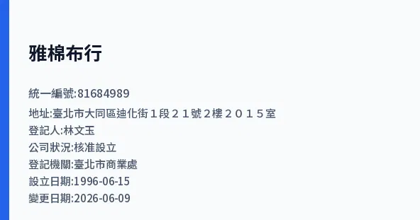 雅棉布行的照片-統編 81684989(臺北市) 公司登記資料與營業項目詳細圖表