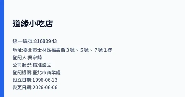 道緣小吃店的照片-統編 81688943(臺北市) 公司登記資料與營業項目詳細圖表