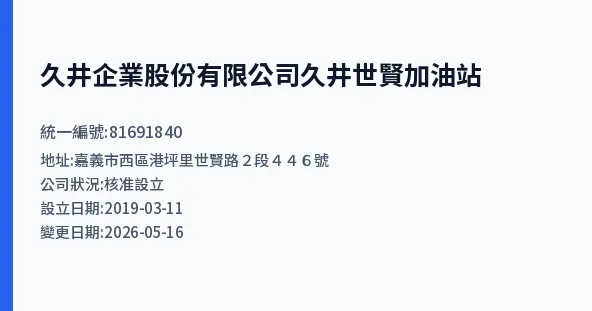 久井企業股份有限公司久井世賢加油站的照片-統編 81691840(嘉義市) 公司登記資料與營業項目詳細圖表