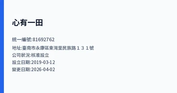 心有一田的照片-統編 81692762(臺南市) 公司登記資料與營業項目詳細圖表
