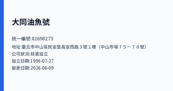 大同油魚號的照片-統編 81698273(臺北市) 公司登記資料與營業項目詳細圖表