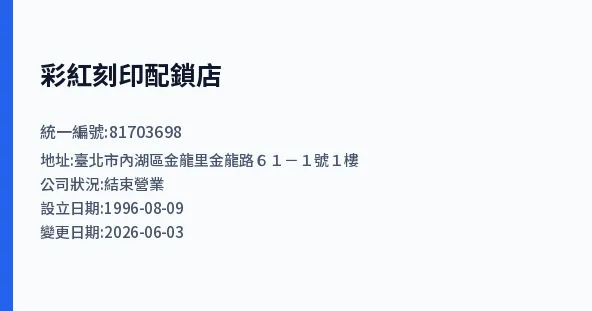 彩紅刻印配鎖店的照片-統編 81703698(臺北市) 公司登記資料與營業項目詳細圖表
