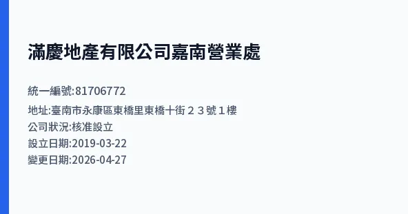 滿慶地產有限公司嘉南營業處的照片-統編 81706772(臺南市) 公司登記資料與營業項目詳細圖表