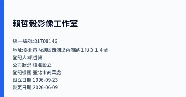 賴哲毅影像工作室的照片-統編 81708146(臺北市) 公司登記資料與營業項目詳細圖表
