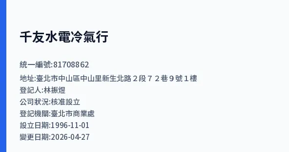 千友水電冷氣行的照片-統編 81708862(臺北市) 公司登記資料與營業項目詳細圖表