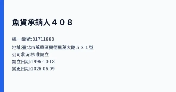 魚貨承銷人408的照片-統編 81711888(臺北市) 公司登記資料與營業項目詳細圖表