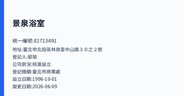 景泉浴室的照片-統編 81713491(臺北市) 公司登記資料與營業項目詳細圖表