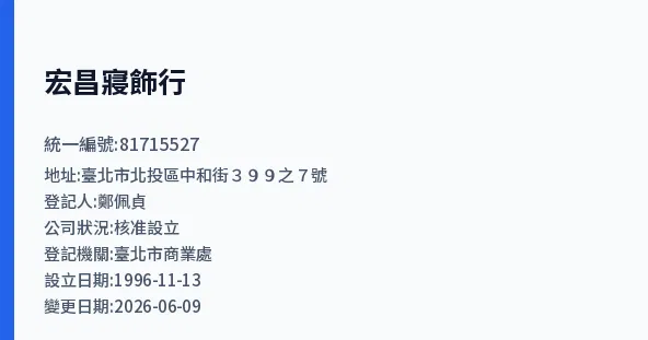 宏昌寢飾行的照片-統編 81715527(臺北市) 公司登記資料與營業項目詳細圖表