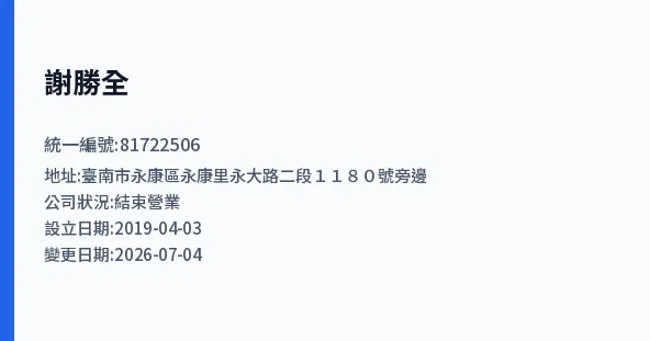 謝勝全的照片-統編 81722506(臺南市) 公司登記資料與營業項目詳細圖表