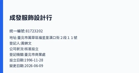成發服飾設計行的照片-統編 81723202(臺北市) 公司登記資料與營業項目詳細圖表