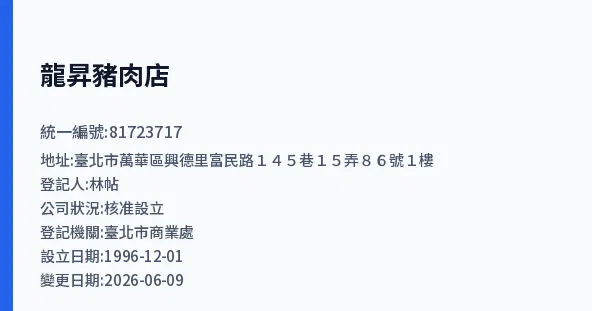 龍昇豬肉店的照片-統編 81723717(臺北市) 公司登記資料與營業項目詳細圖表