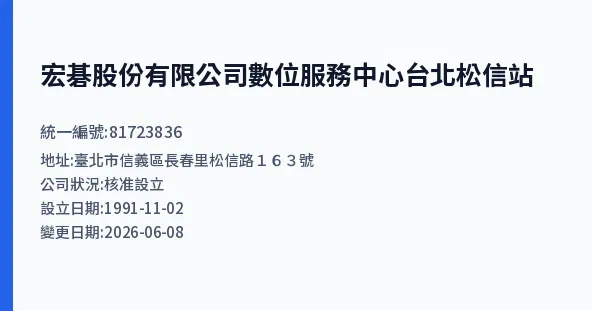 宏碁股份有限公司數位服務中心台北松信站的照片-統編 81723836(臺北市) 公司登記資料與營業項目詳細圖表