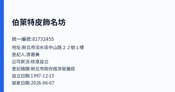 伯萊特皮飾名坊的照片-統編 81732455(新北市) 公司登記資料與營業項目詳細圖表