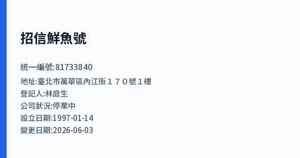 招信鮮魚號的照片-統編 81733840(臺北市) 公司登記資料與營業項目詳細圖表