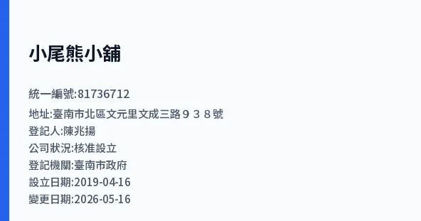 小尾熊小舖的照片-統編 81736712(臺南市) 公司登記資料與營業項目詳細圖表