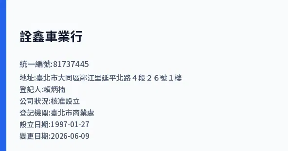 詮鑫車業行的照片-統編 81737445(臺北市) 公司登記資料與營業項目詳細圖表