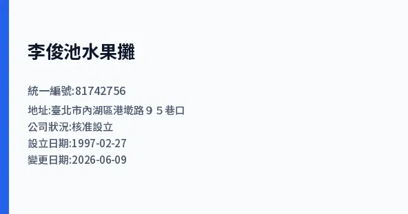 李俊池水果攤的照片-統編 81742756(臺北市) 公司登記資料與營業項目詳細圖表
