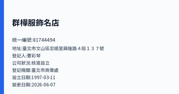 群樺服飾名店的照片-統編 81744494(臺北市) 公司登記資料與營業項目詳細圖表
