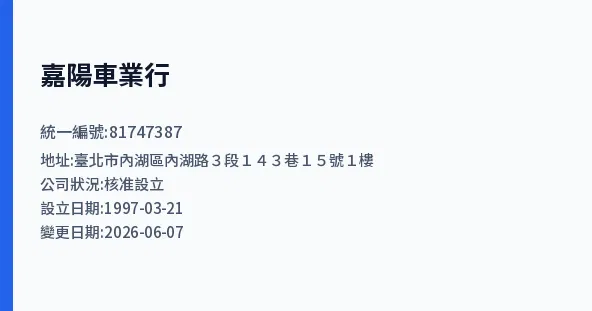 嘉陽車業行的照片-統編 81747387(臺北市) 公司登記資料與營業項目詳細圖表