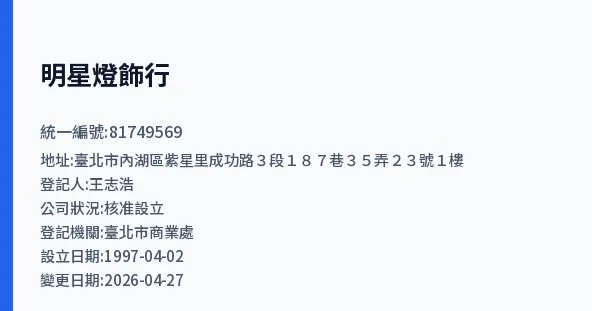 明星燈飾行的照片-統編 81749569(臺北市) 公司登記資料與營業項目詳細圖表