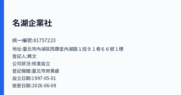 名湖企業社的照片-統編 81757223(臺北市) 公司登記資料與營業項目詳細圖表