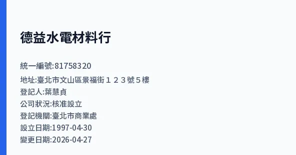 德益水電材料行的照片-統編 81758320(臺北市) 公司登記資料與營業項目詳細圖表