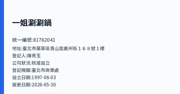 一姐涮涮鍋的照片-統編 81762041(臺北市) 公司登記資料與營業項目詳細圖表