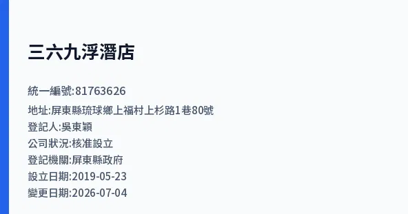 三六九浮潛店的照片-統編 81763626(屏東縣) 公司登記資料與營業項目詳細圖表