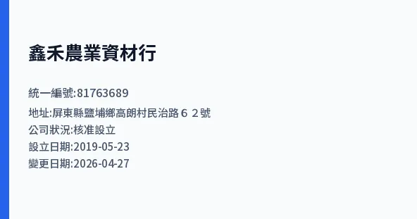 鑫禾農業資材行的照片-統編 81763689(屏東縣) 公司登記資料與營業項目詳細圖表