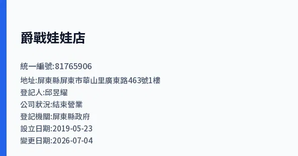 爵戰娃娃店的照片-統編 81765906(屏東縣) 公司登記資料與營業項目詳細圖表