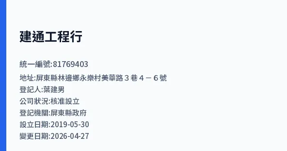 建通工程行的照片-統編 81769403(屏東縣) 公司登記資料與營業項目詳細圖表