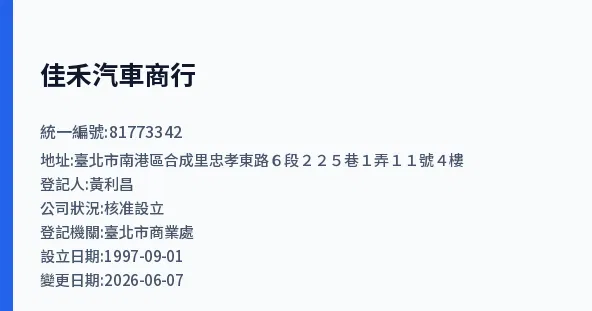 佳禾汽車商行的照片-統編 81773342(臺北市) 公司登記資料與營業項目詳細圖表