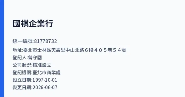 國祺企業行的照片-統編 81778732(臺北市) 公司登記資料與營業項目詳細圖表